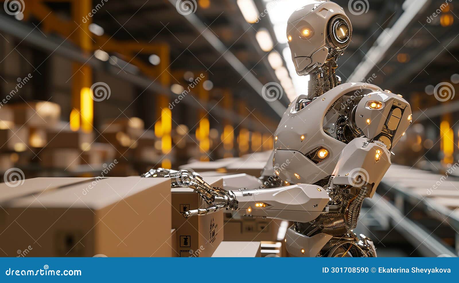 Artificial Intelligence Robot of the Future Works in a Warehouse Stock ...
