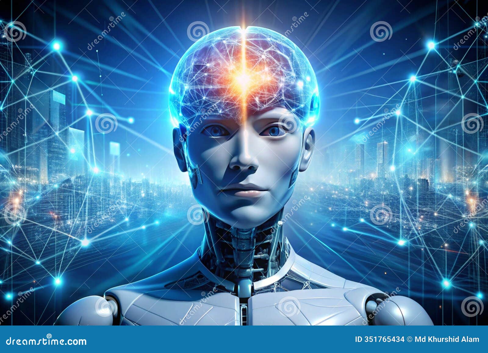 Artificial Intelligence Robot with a Glowing Brain and Interconnected ...