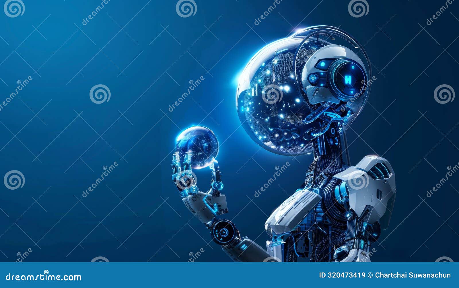 Artificial Intelligence Robot with Glowing Sphere, Concept of Advanced ...