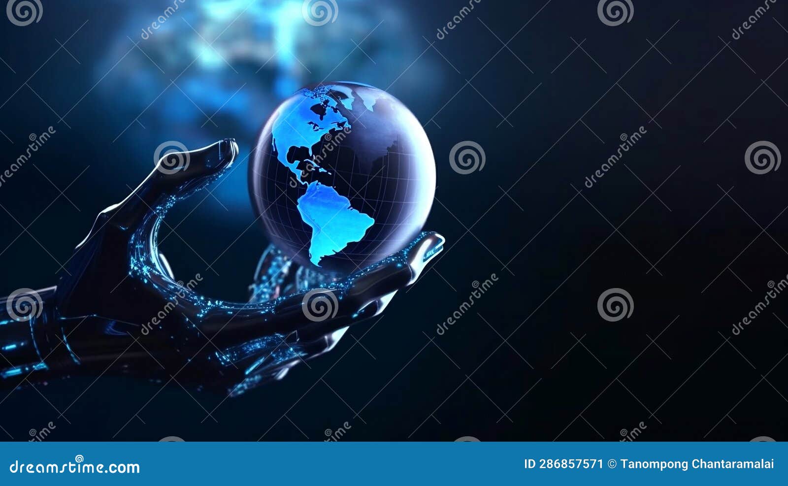 Artificial Intelligence Robot Hand Holding Earth Globe with Blurred ...