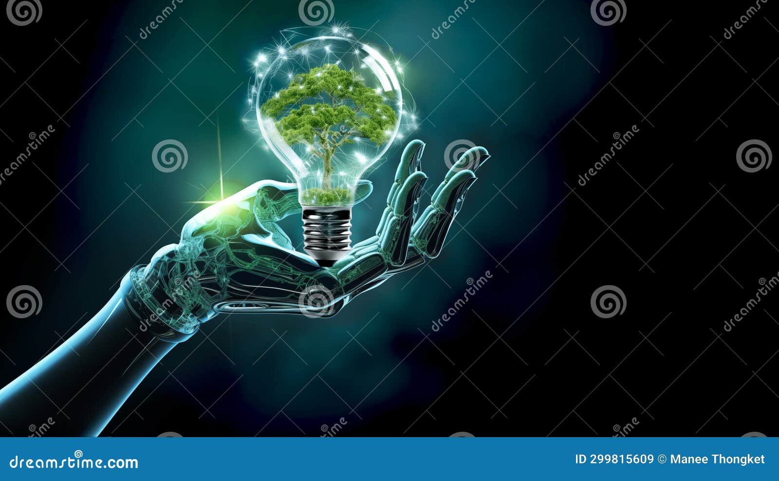 An Artificial Intelligence Robot Hand Showing Light Bulb with Green ...