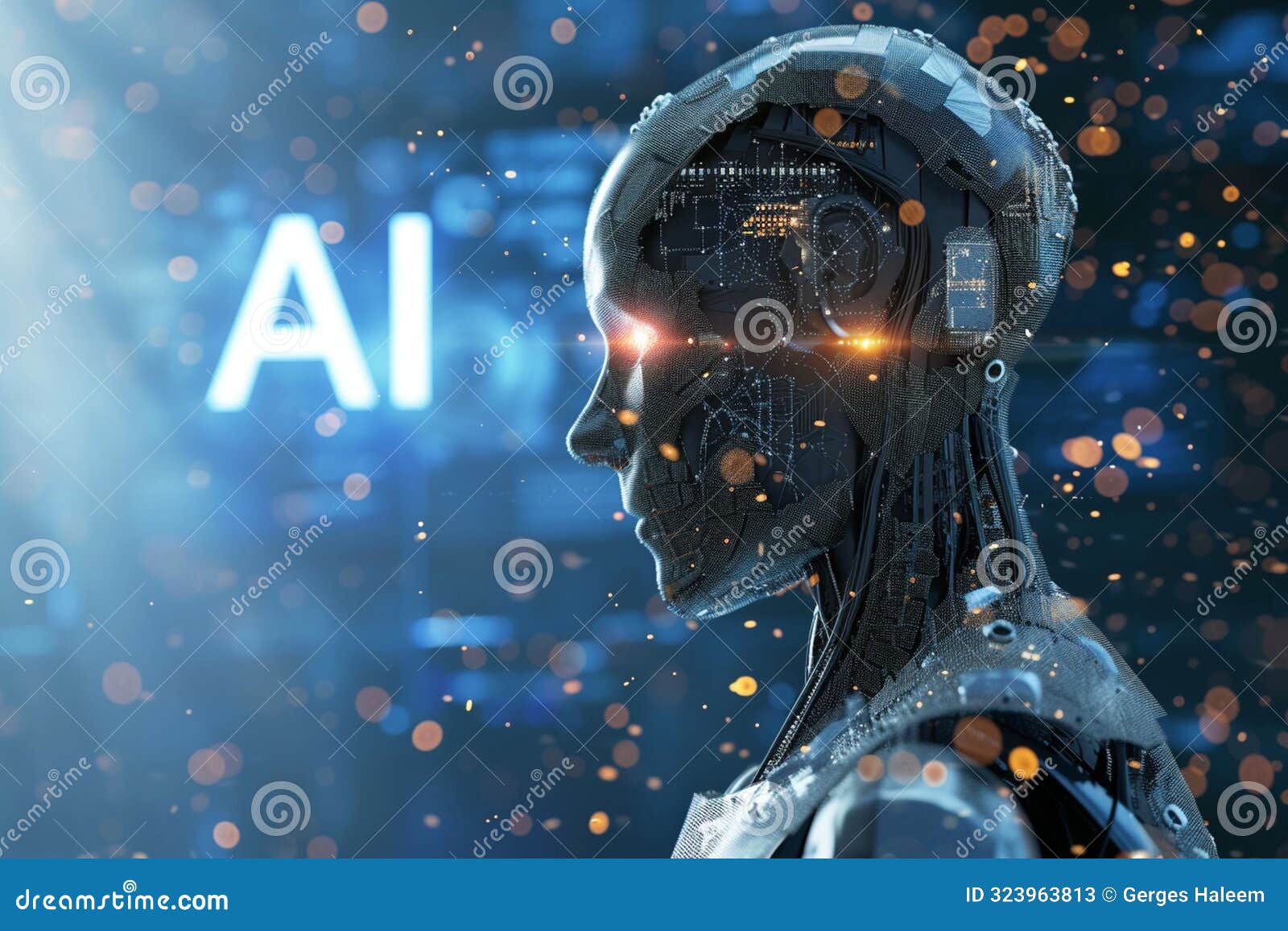 Artificial Intelligence Robot Head with Glowing Eyes and Sparkles Stock ...