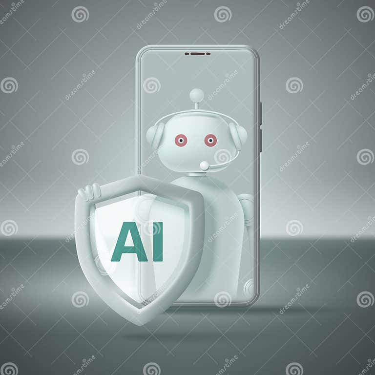 Artificial Intelligence Robot with Shield on Smartphone Background for ...