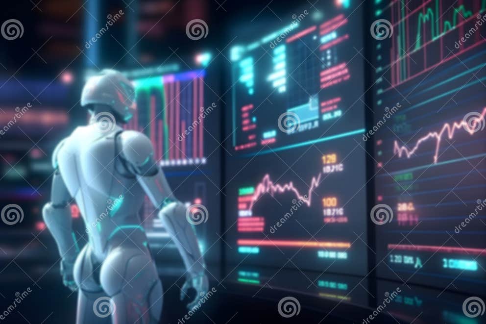 AI Robot Standing in Front of Graphs and Financial Data Display on Screen, Stock Trading Bot ...