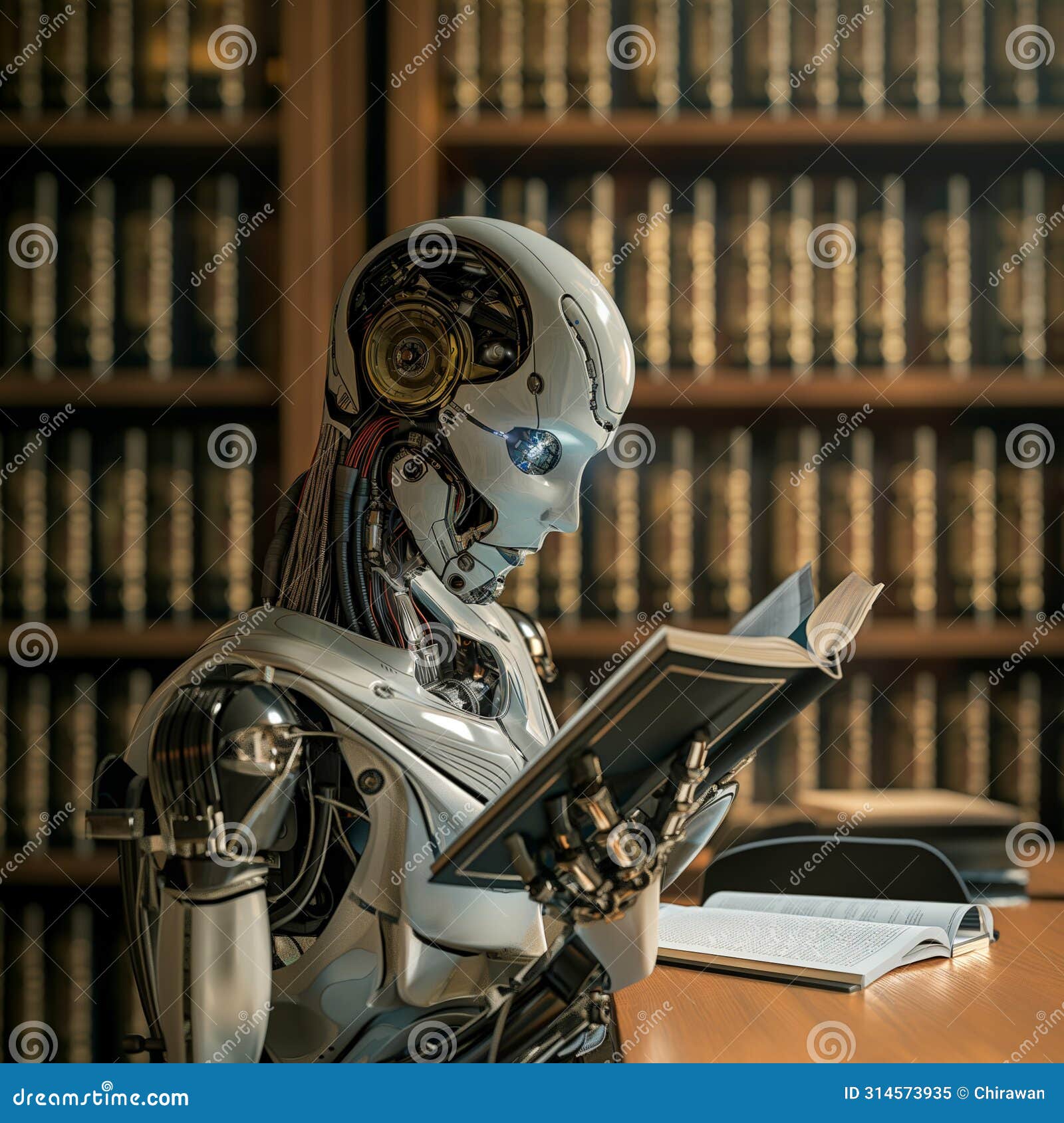 Artificial Intelligence Robots Reading Book in Library Stock Illustration - Illustration of ...