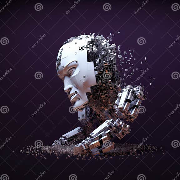 Artificial Intelligence. Scattering Head Profile of a Chrome-plated Robot, Dark Lilac Background ...