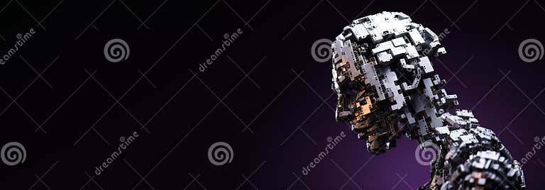 Artificial Intelligence. Scattering Head Profile of a Chrome-plated Robot, Dark Lilac Background ...