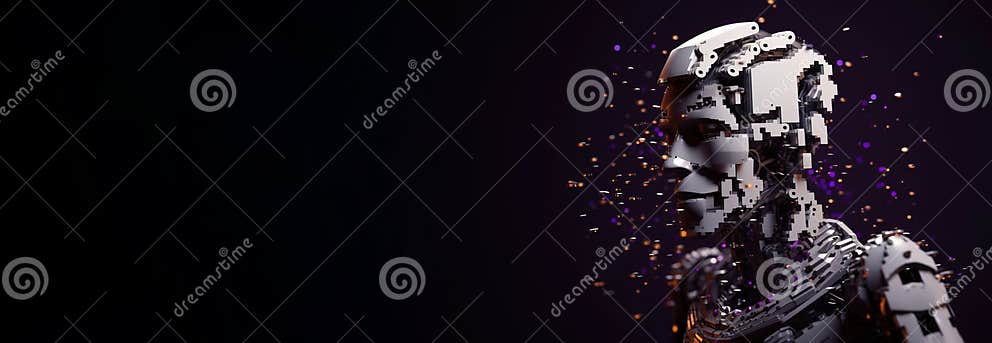 Artificial Intelligence. Scattering Head Profile of a Chrome-plated Robot, Dark Lilac Background ...