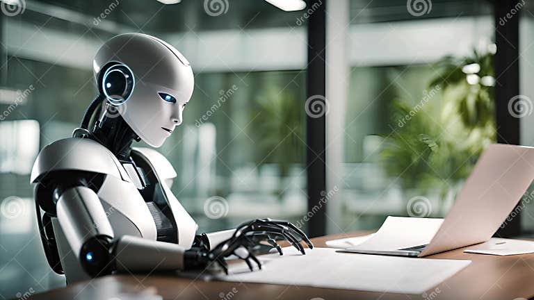 A Robot at a Desk Using a Laptop in a Futuristic Setting Stock ...