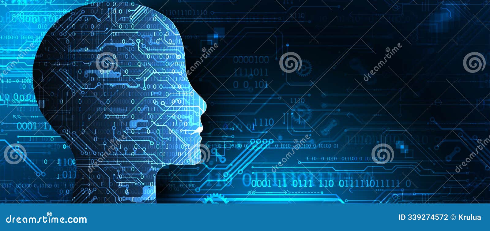 Cyber Mind Illustration. Human Brain With Circuit Board And Binary Data ...