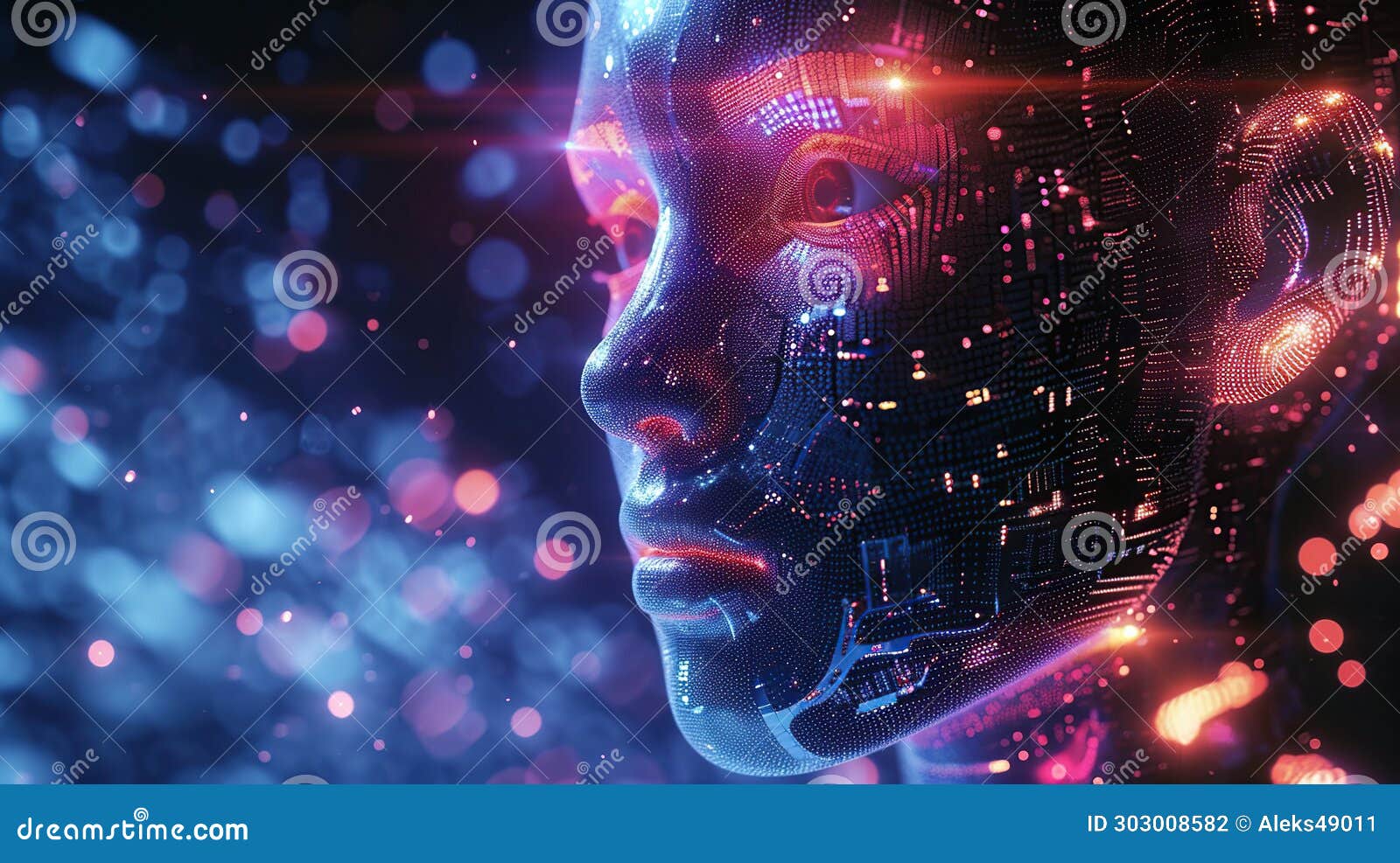 Artificial Intelligence .Technology Background with Robot Face. Machine Learning, Data Exchange ...