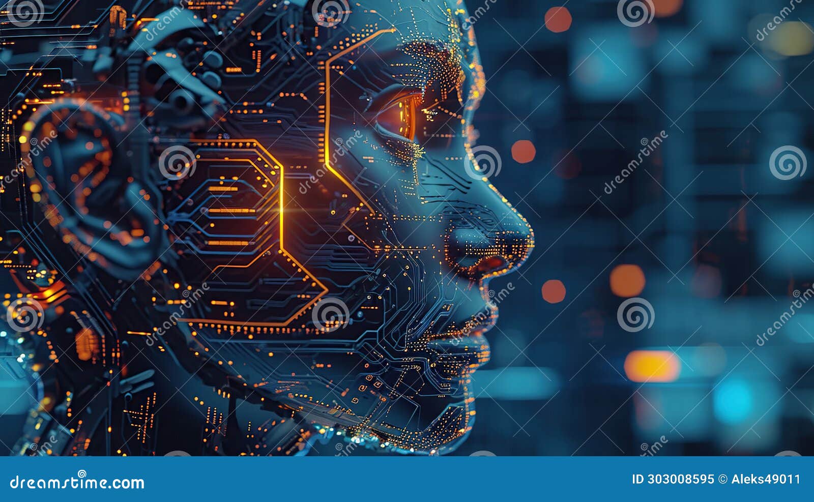 Artificial Intelligence .Technology Background with Robot Face. Machine Learning, Data Exchange ...