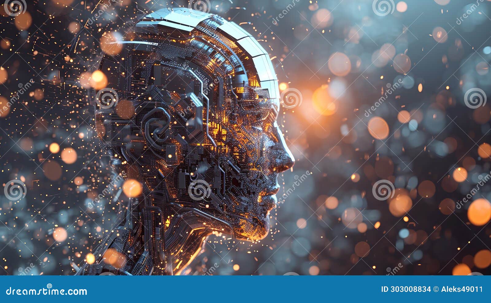 Artificial Intelligence .Technology Background with Robot Face. Machine Learning, Data Exchange ...