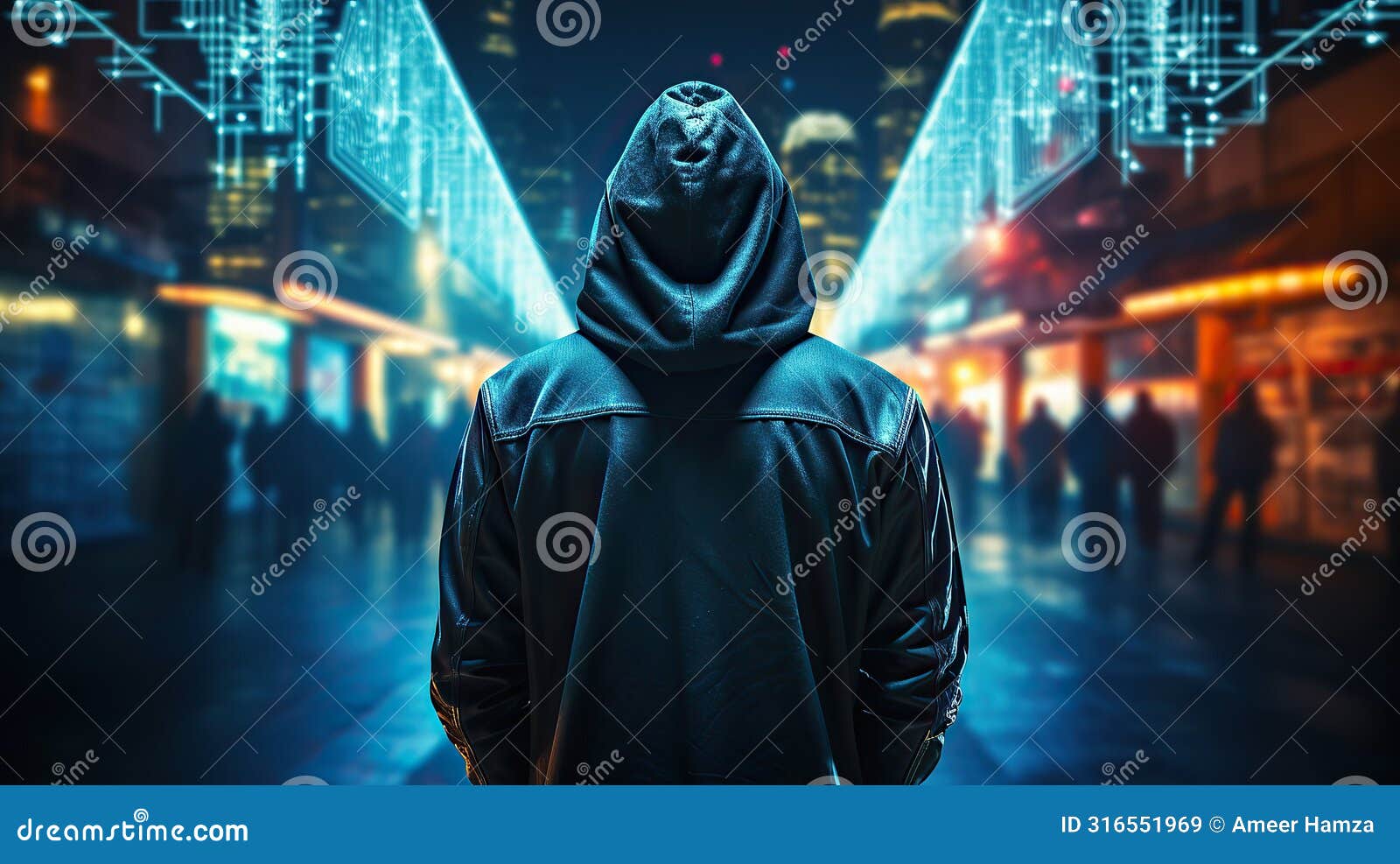 Artificial Intelligence Technology, a Hacker Wear Hoodie Walk on the ...
