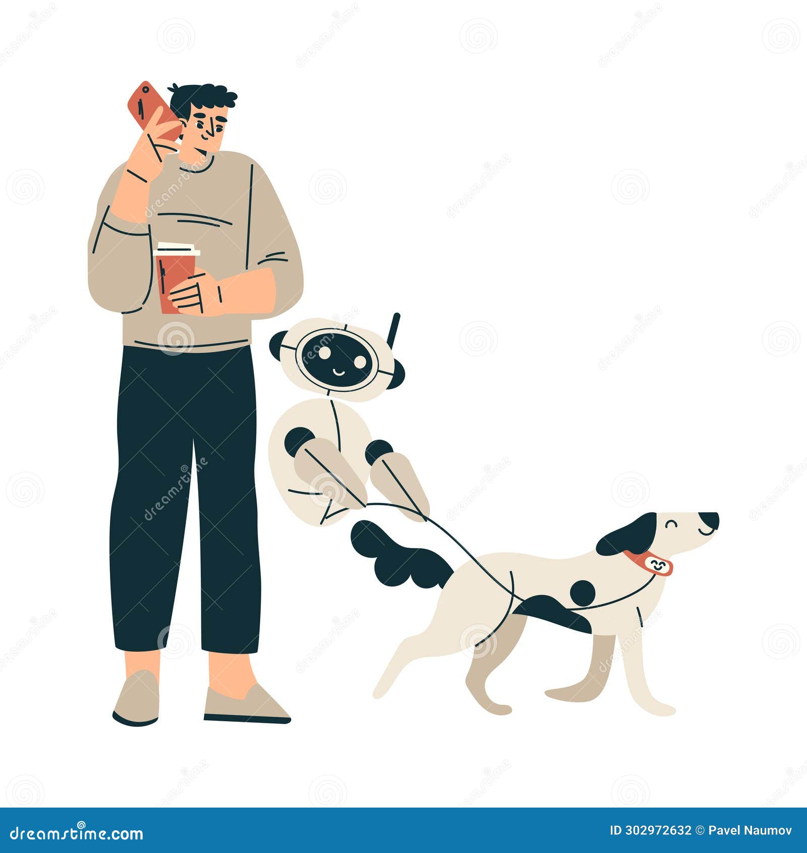 Artificial Intelligence Technology with Man Character Walking Dog with ...