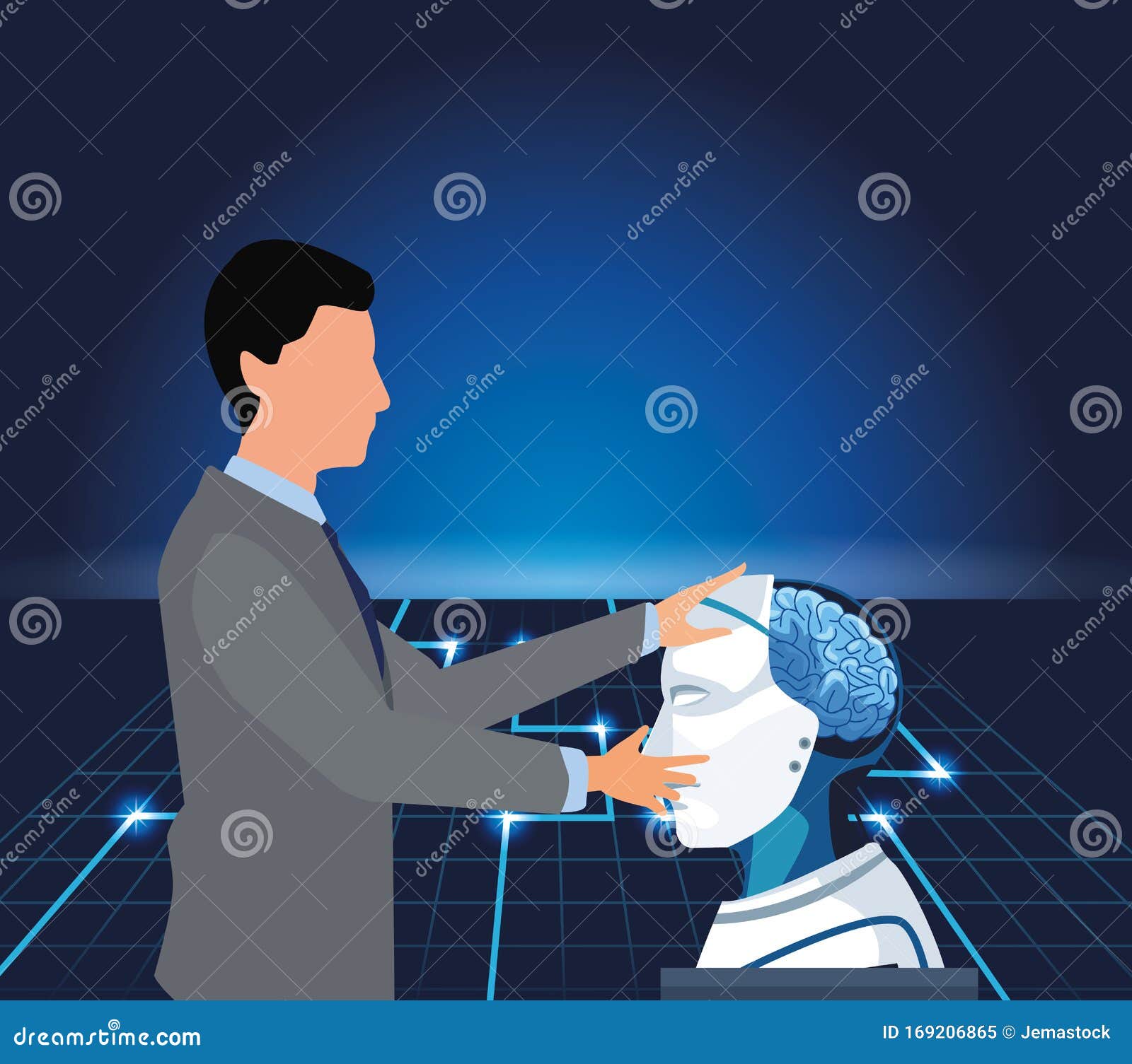 Artificial Intelligence Technology Man and Cyborg with Human Brain ...