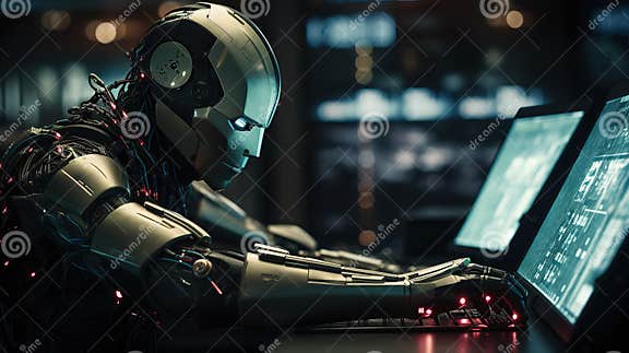 Artificial Intelligence Technology, a Robot Hacking on Laptop, Hack ...