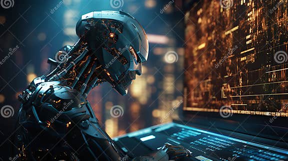 Artificial Intelligence Technology, a Robot Hacking on Laptop, Hack ...