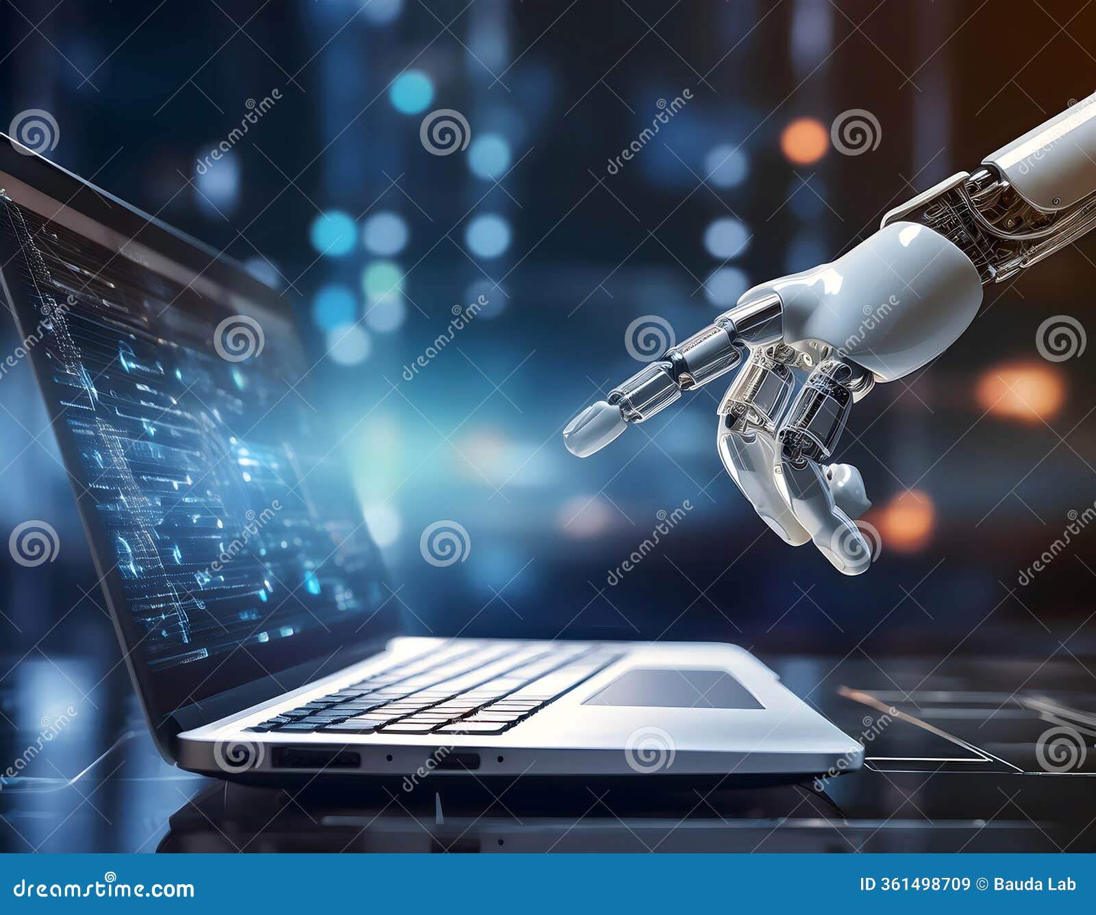 Artificial Intelligence and Technology. Robotic Hand Pointing at Laptop ...