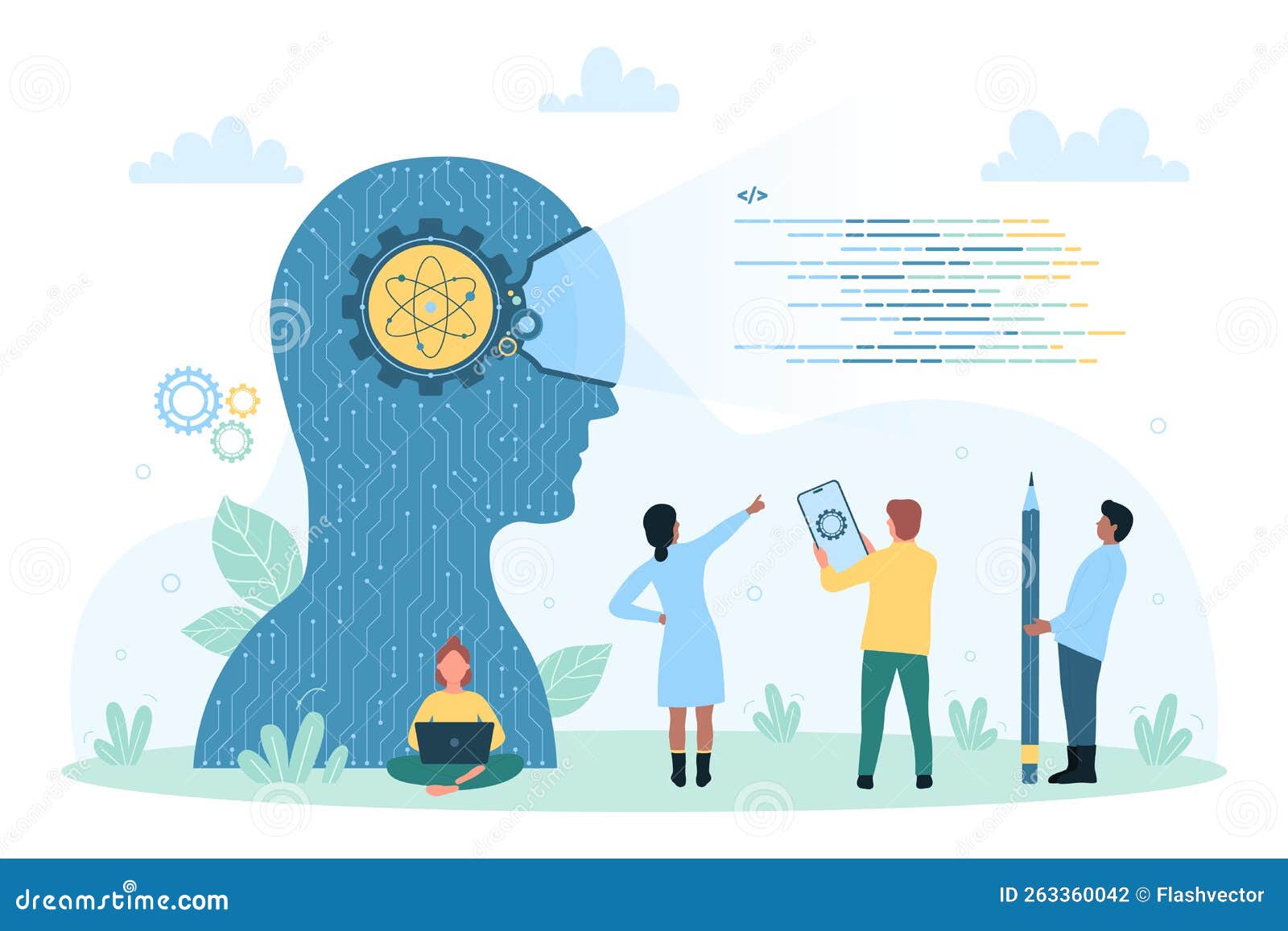 Artificial Intelligence, Tiny People Work with Smart AI Brain in Head ...