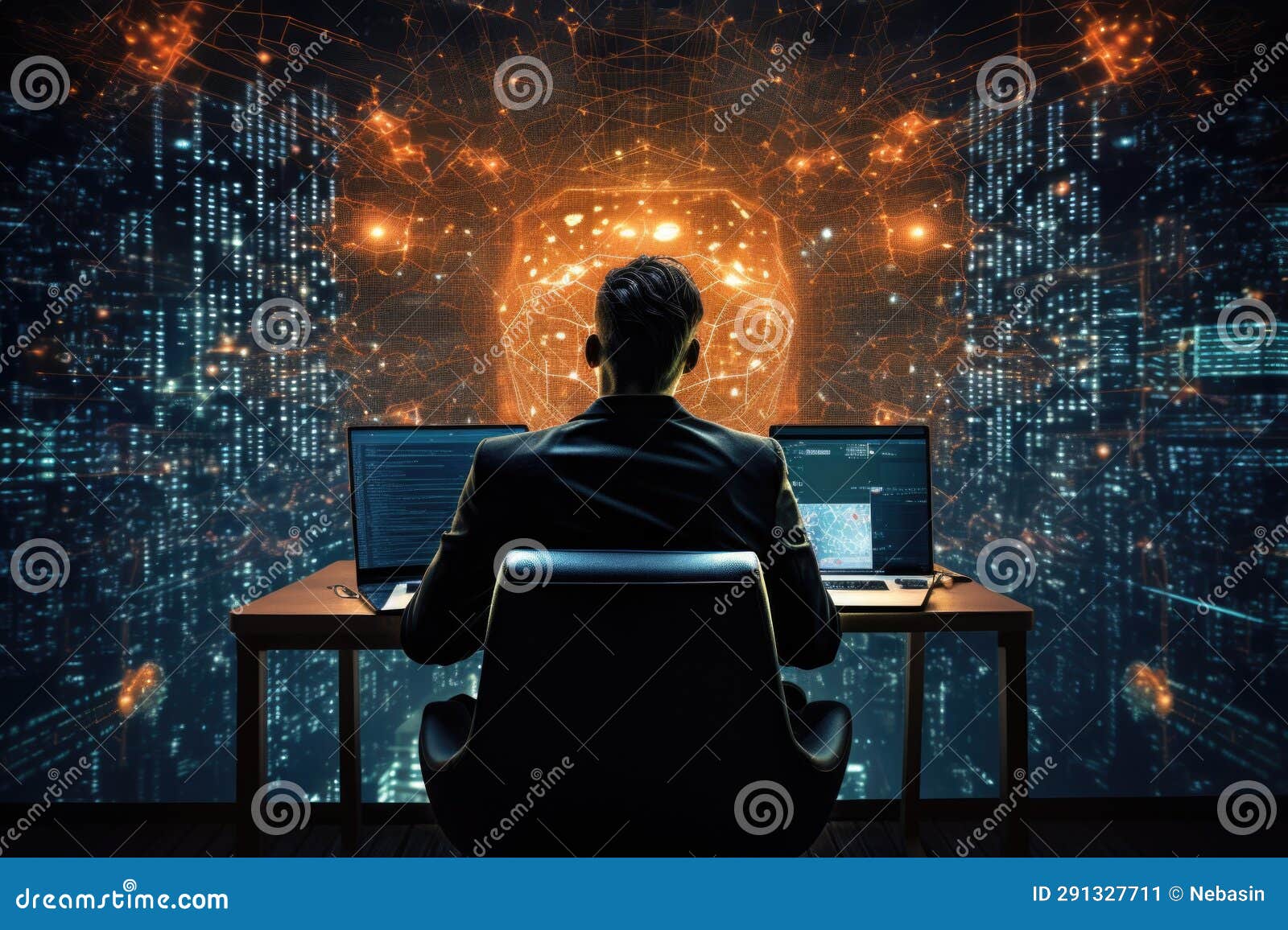 Artificial Intelligence Tools Work for Benefit of Humans. Man Sitting ...