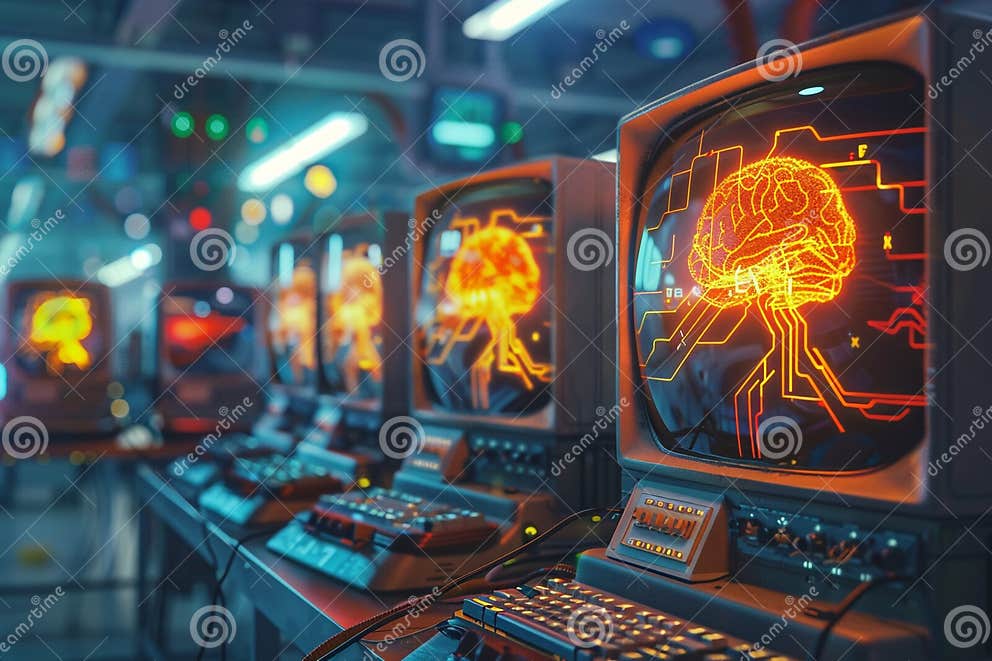 Artificial Intelligence Vintage Computer Terminals with AI Consciousness Glowing with Life in a ...