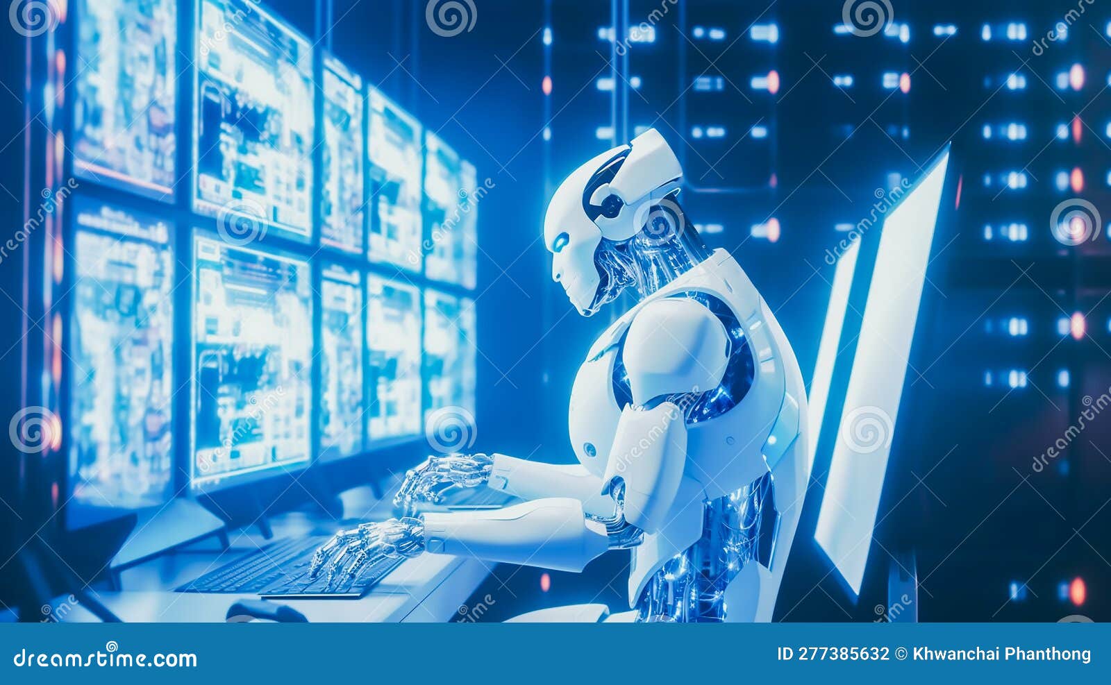 Artificial Intelligence, White AI Robot Thinking and Looking Big Screen ...