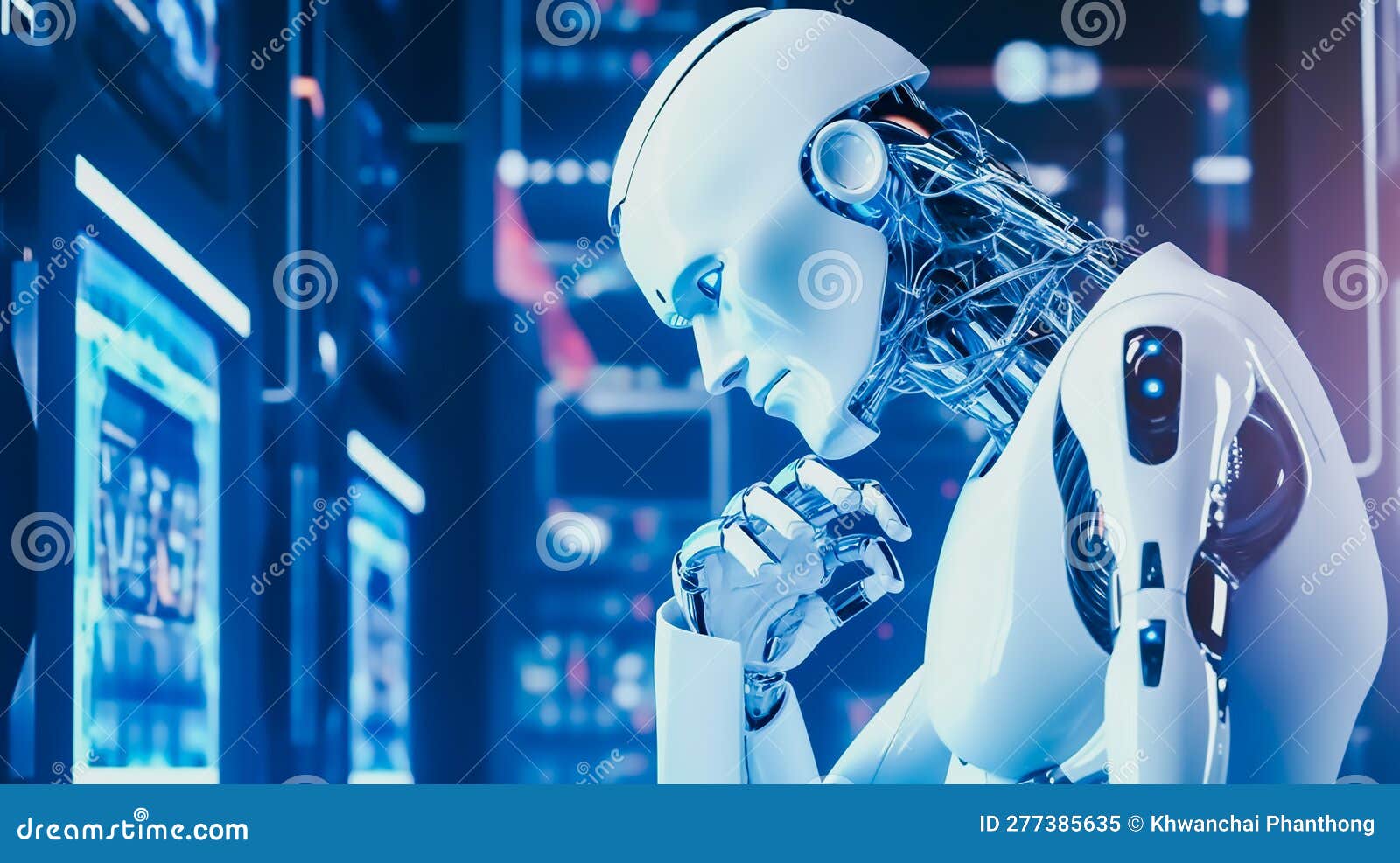 Artificial Intelligence, White AI Robot Thinking and Looking Big Screen ...