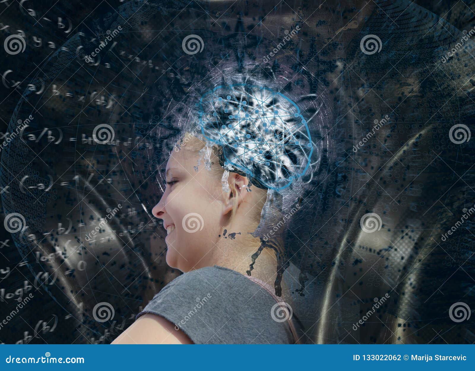 Artificial Intelligence. Young Blond Woman in Composition on the ...