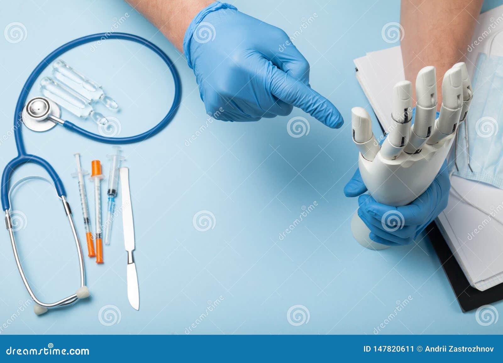 Artificial Prosthesis for Amputated Hands. Care about Disabled Stock ...