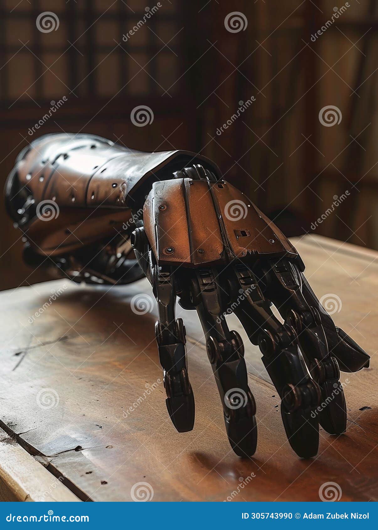 Artificial Robotic Hand Resting on a Wooden Table Stock Illustration ...