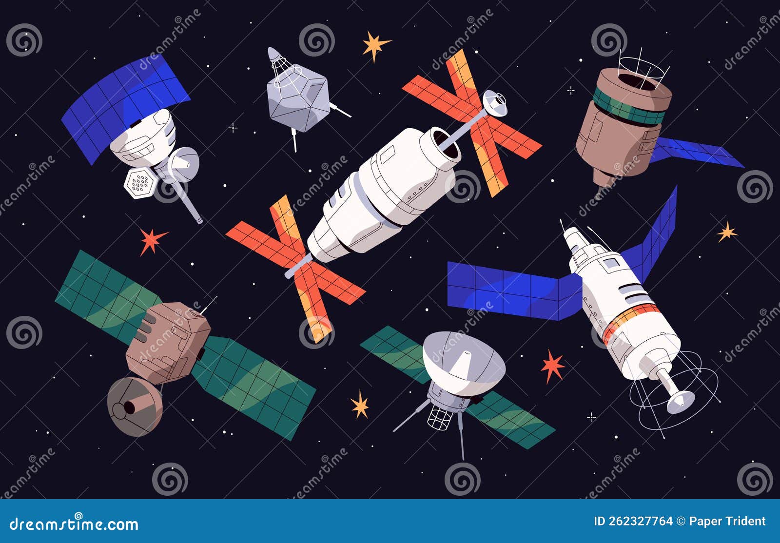 Artificial Satellites in Outer Space. Spacecrafts in Cosmos Stock ...
