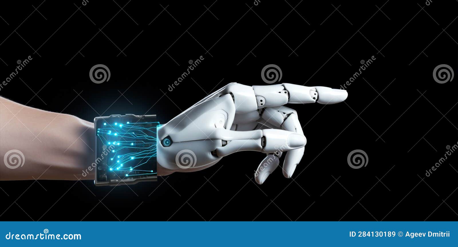 Cyborg Computer Security Specialist Robot In Headphones With Multiple ...