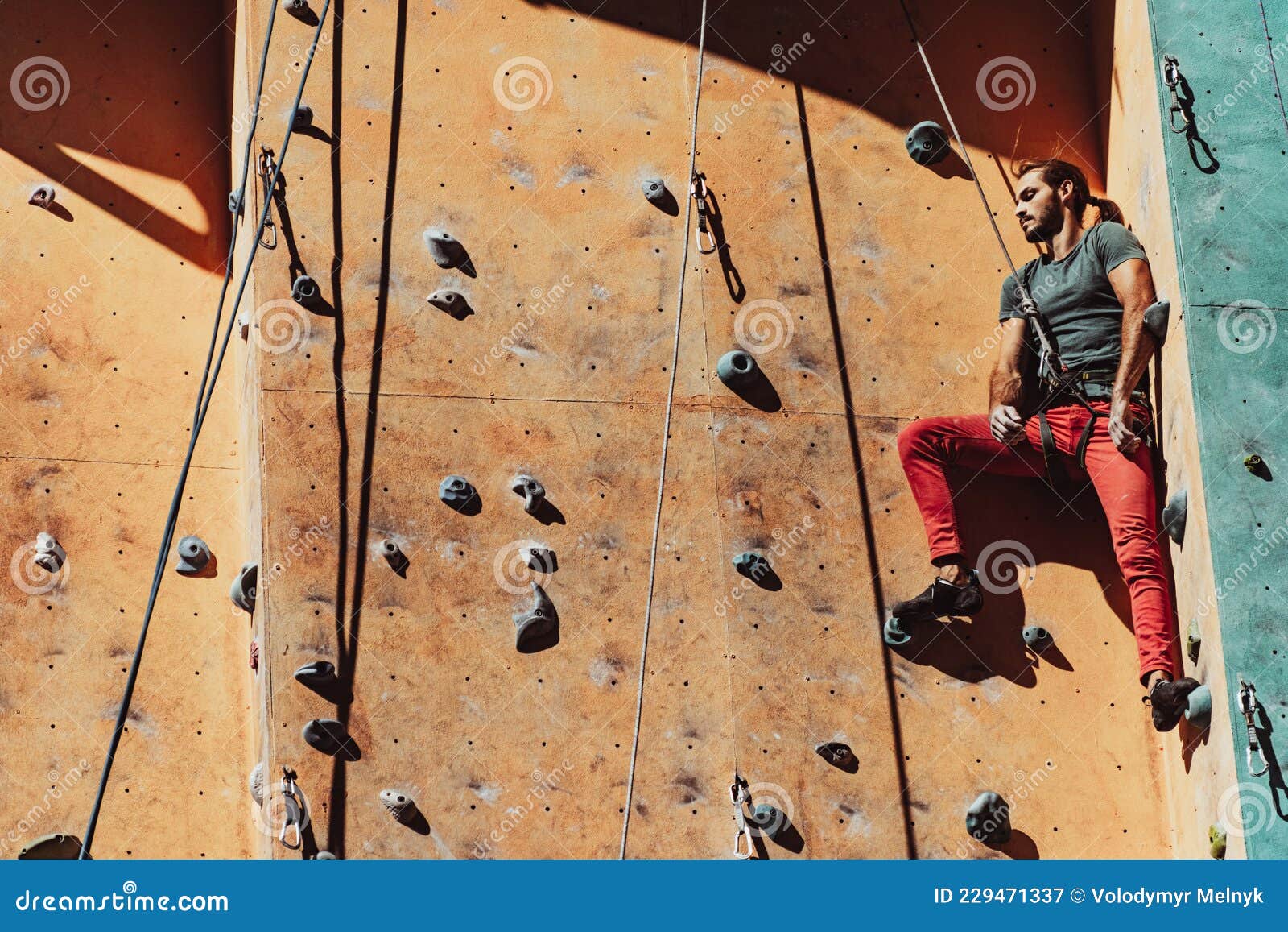 One Caucasian Man Professional Rock Climber Practicing Alone at ...