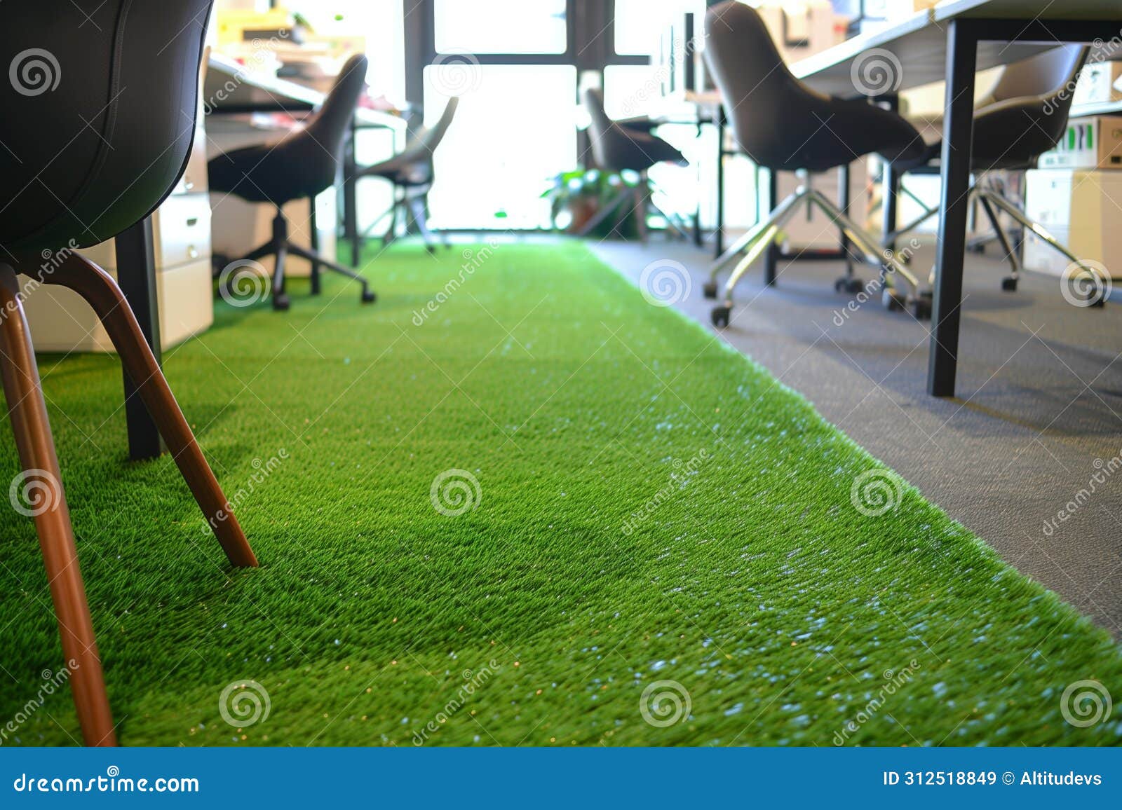 Artificial Turf in an Office Space with Desks and Chairs Stock Image ...