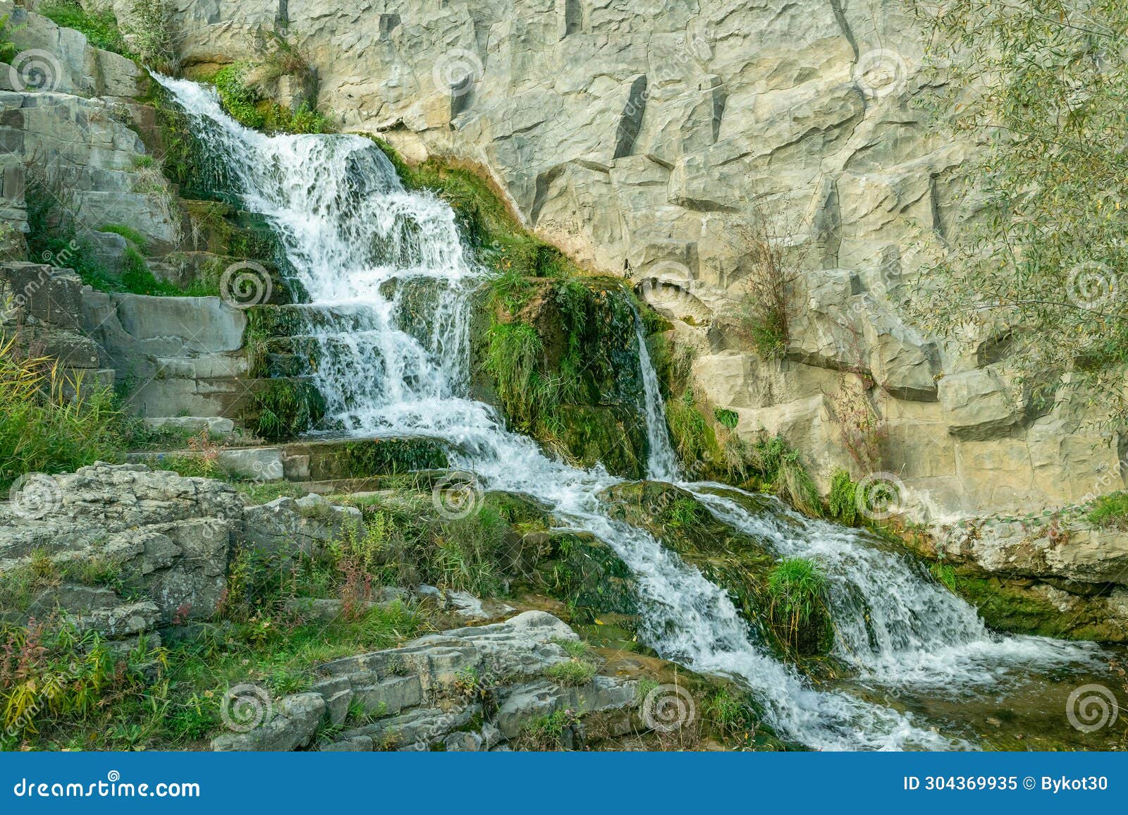 Artificial Waterfall in the Park. Flow of Water in the River Stock ...