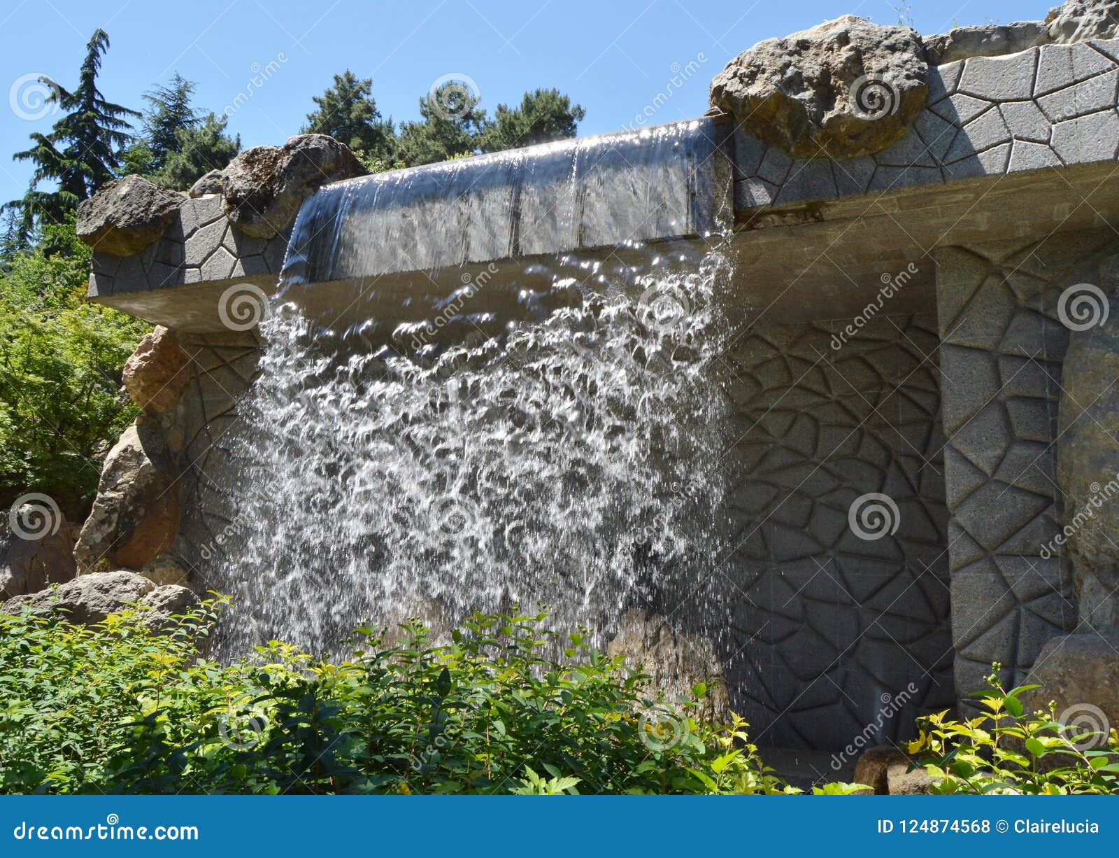 Artificial Waterfall with Water Jets, Modern Stone Structure, Beautiful ...