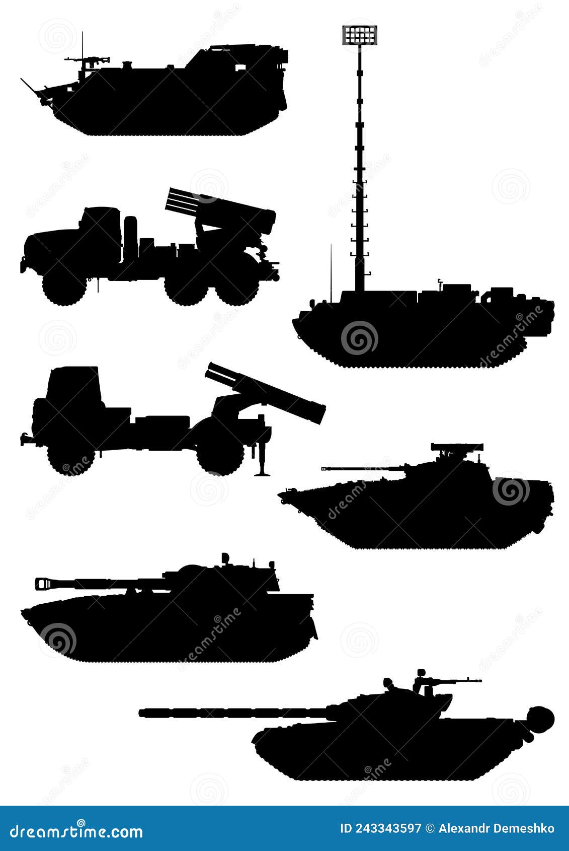 Artillery and Electronic Warfare Complex Silhouette Vector Icons Set ...