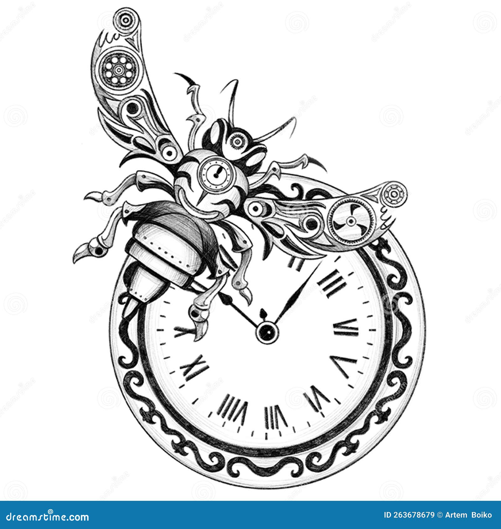 ARTIONE Mechanical Bee and Clock Pencil Drawing Stock Illustration ...
