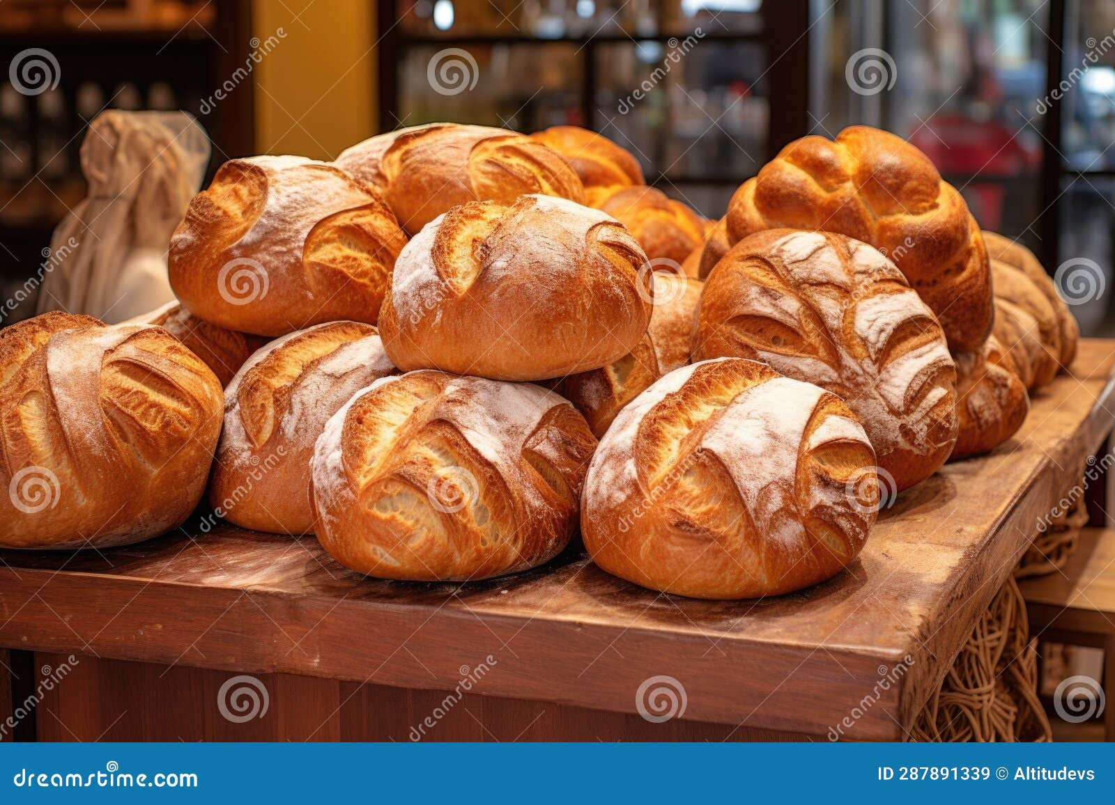 Artisan Bread Loaves Arranged in a Bakery Display Stock Image - Image ...