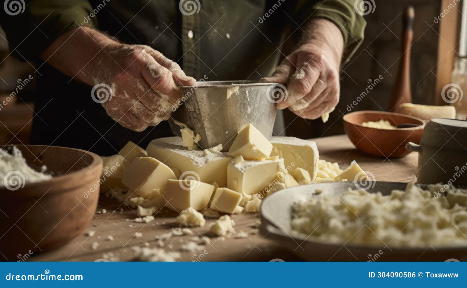 Artisan Cheesemaker at Work with Fresh Cheese Curds and Blocks in a ...