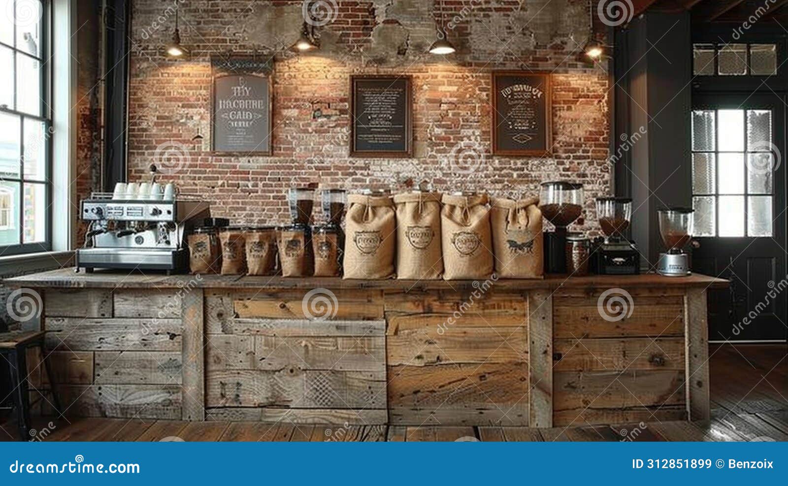 Artisan Coffee Roaster with Exposed Brick and Burlap Coffee Bags Stock ...