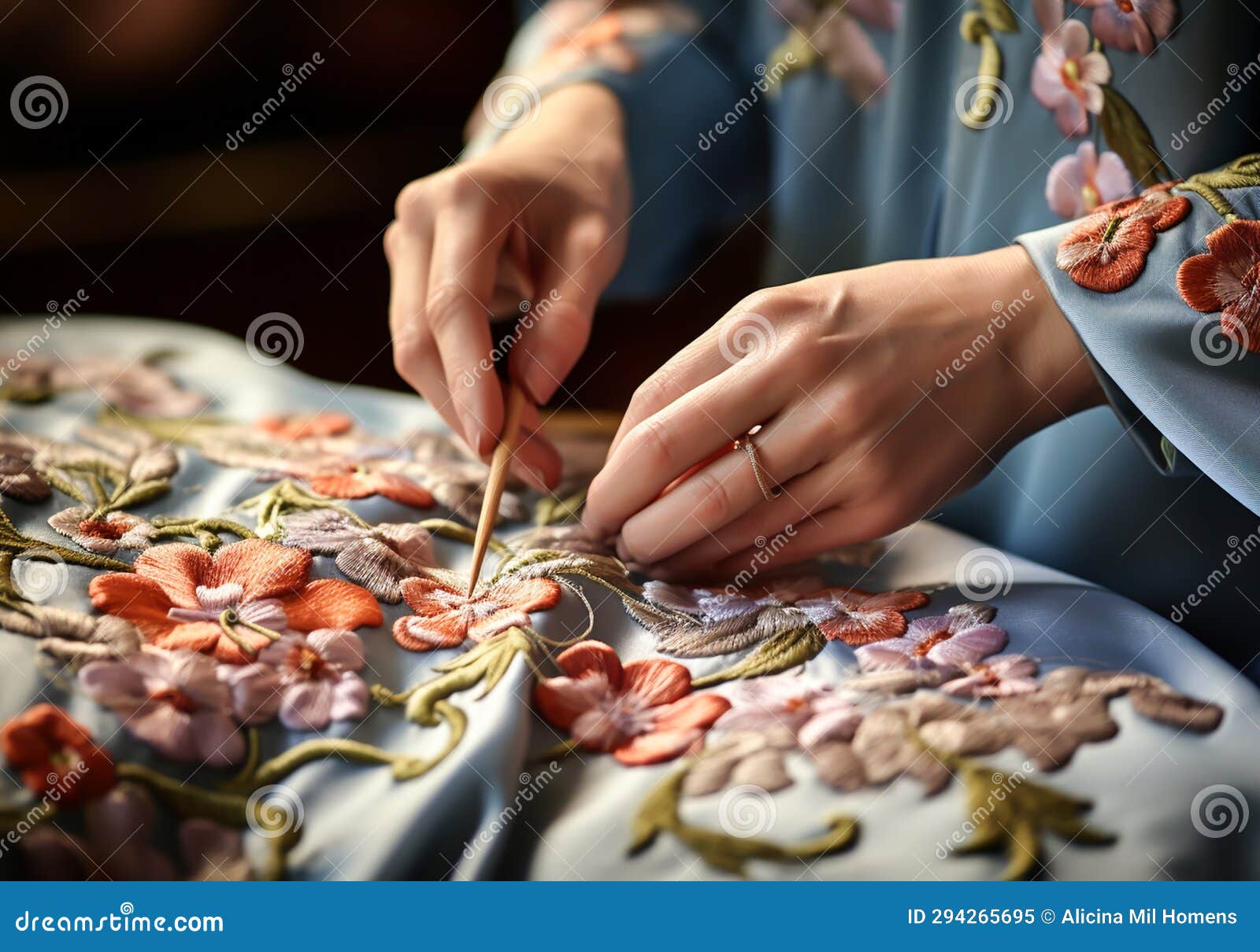 Artisan Embroidering Fabric with Colored Threads. Handmade. Traditional ...