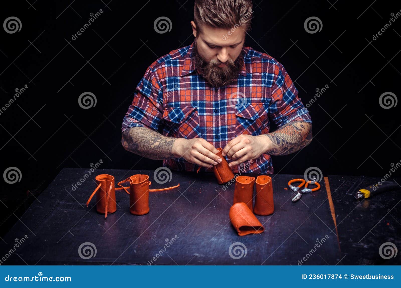 Tanner of Leather Cutting Out Leather Goods in His Leather Studio Stock ...