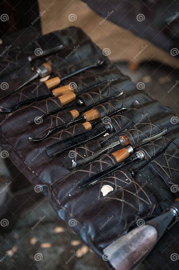 Gouges in Retro Leather Case Belonging To Artisan of Wood Stock Image ...