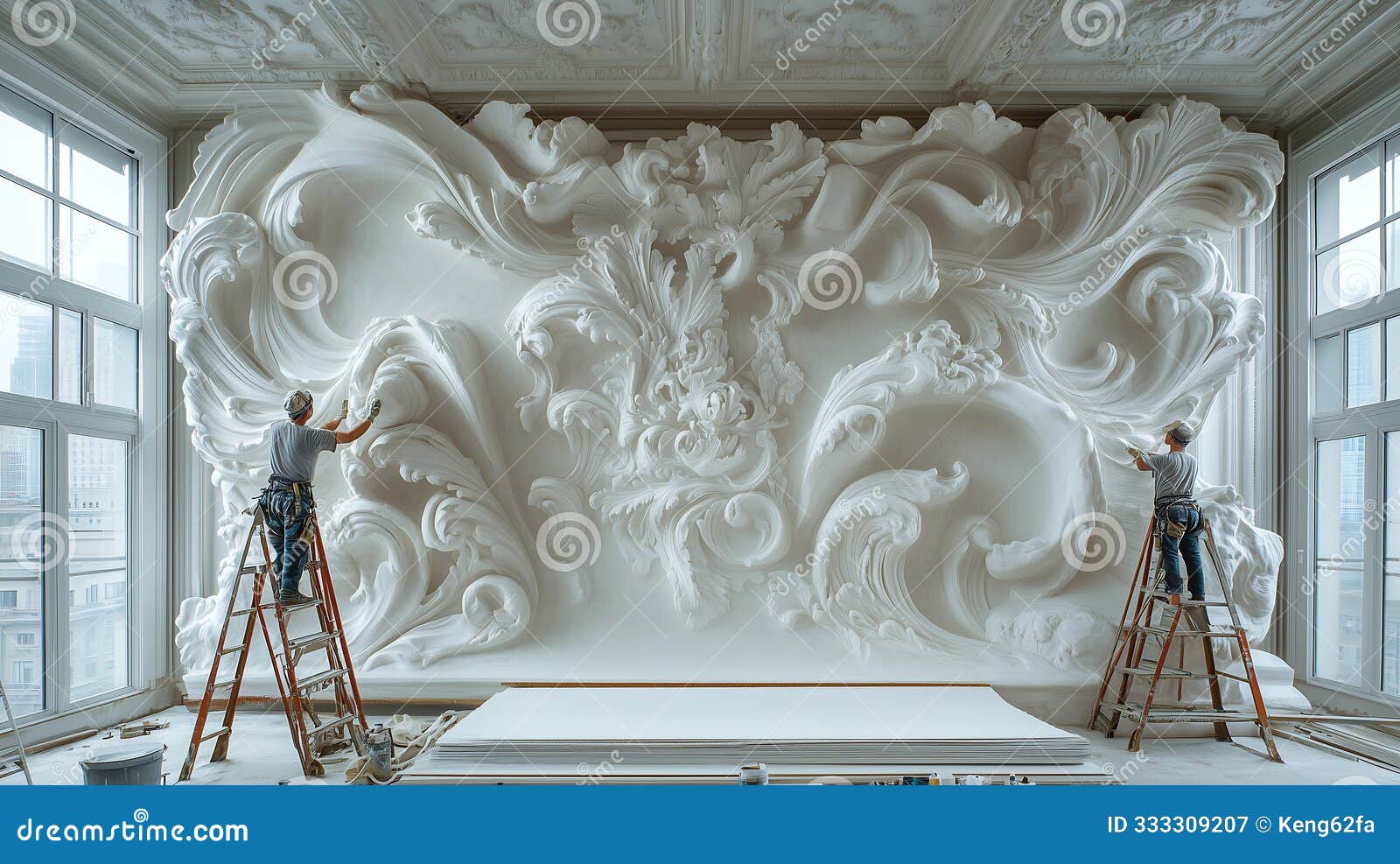 Artisans Working on Elaborate Plaster Wall Sculpture Stock Illustration ...