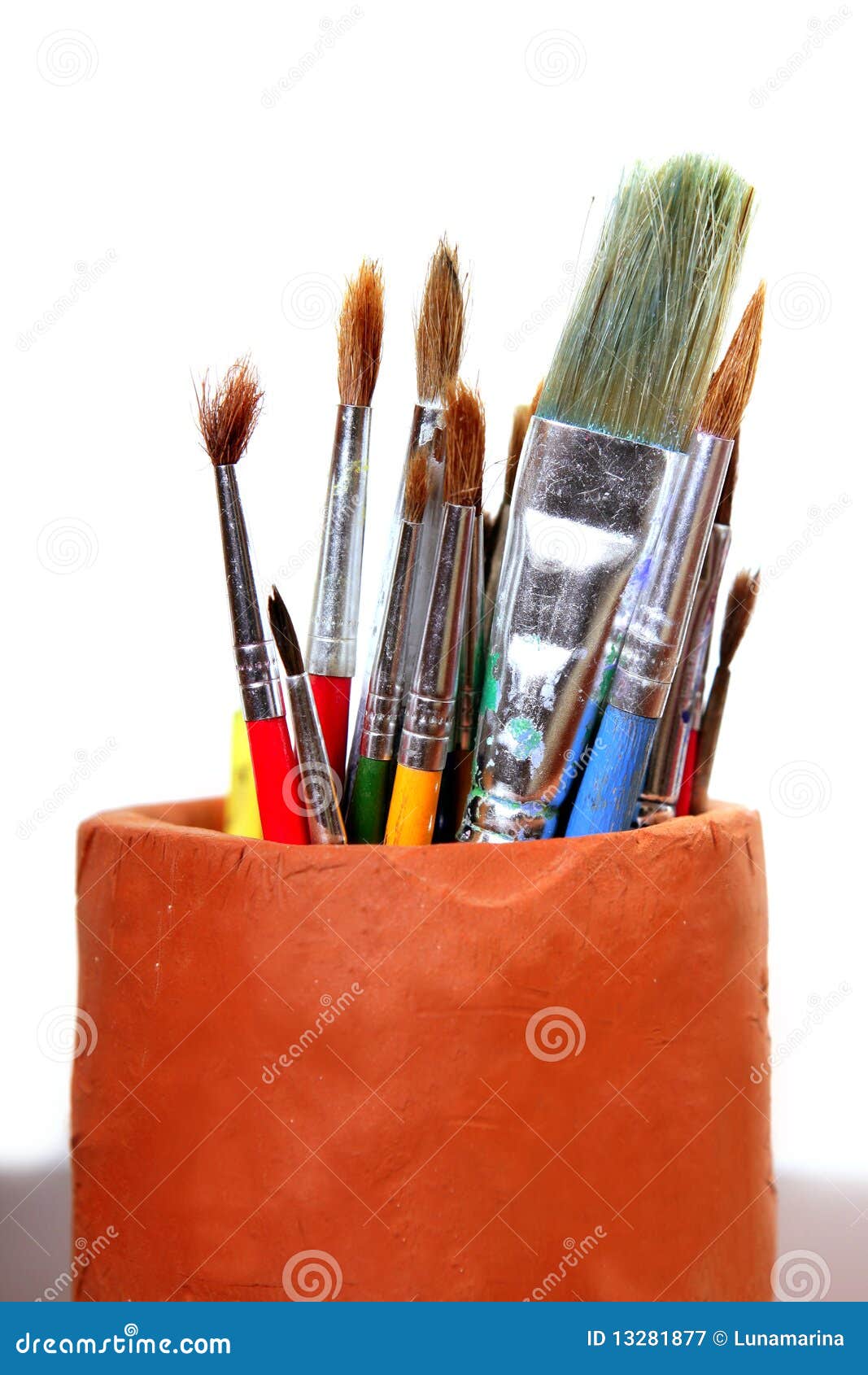 Artist Brushes Clay Pot Isolated on White Stock Image - Image of ...