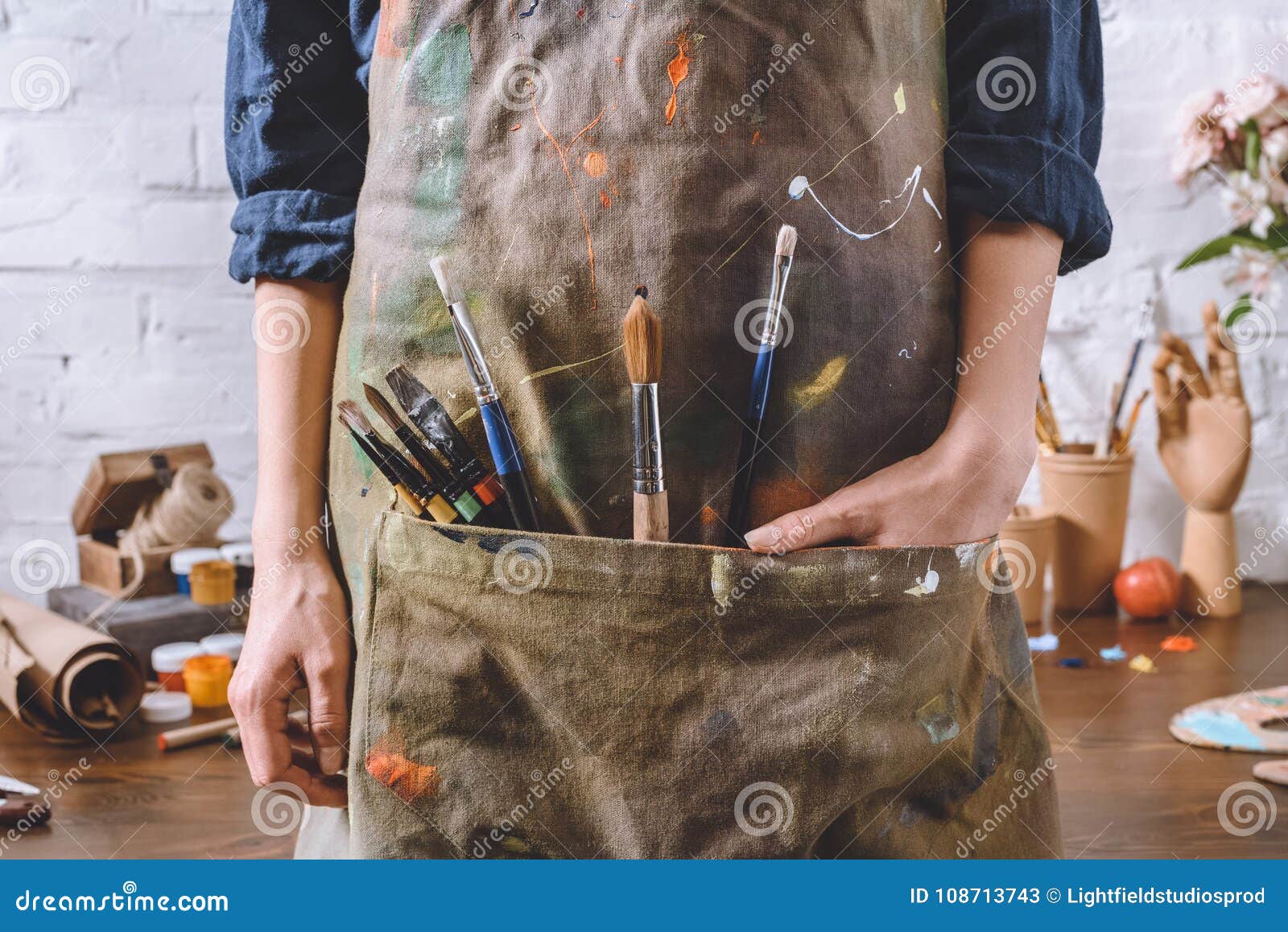 Artist with Brushes and Hand in Apron Pocket Stock Image - Image of ...