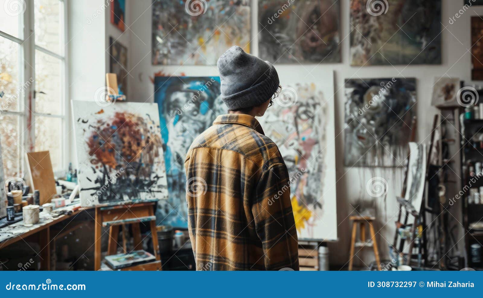 Artist Contemplating Artwork in Studio Stock Illustration ...
