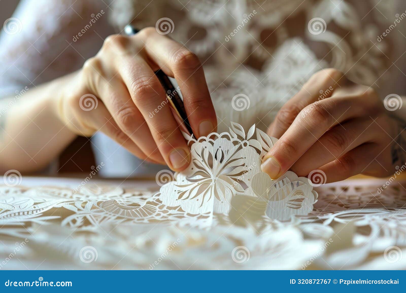 Artist Cutting Intricate Patterns into Paper for a Delicate Papercraft ...